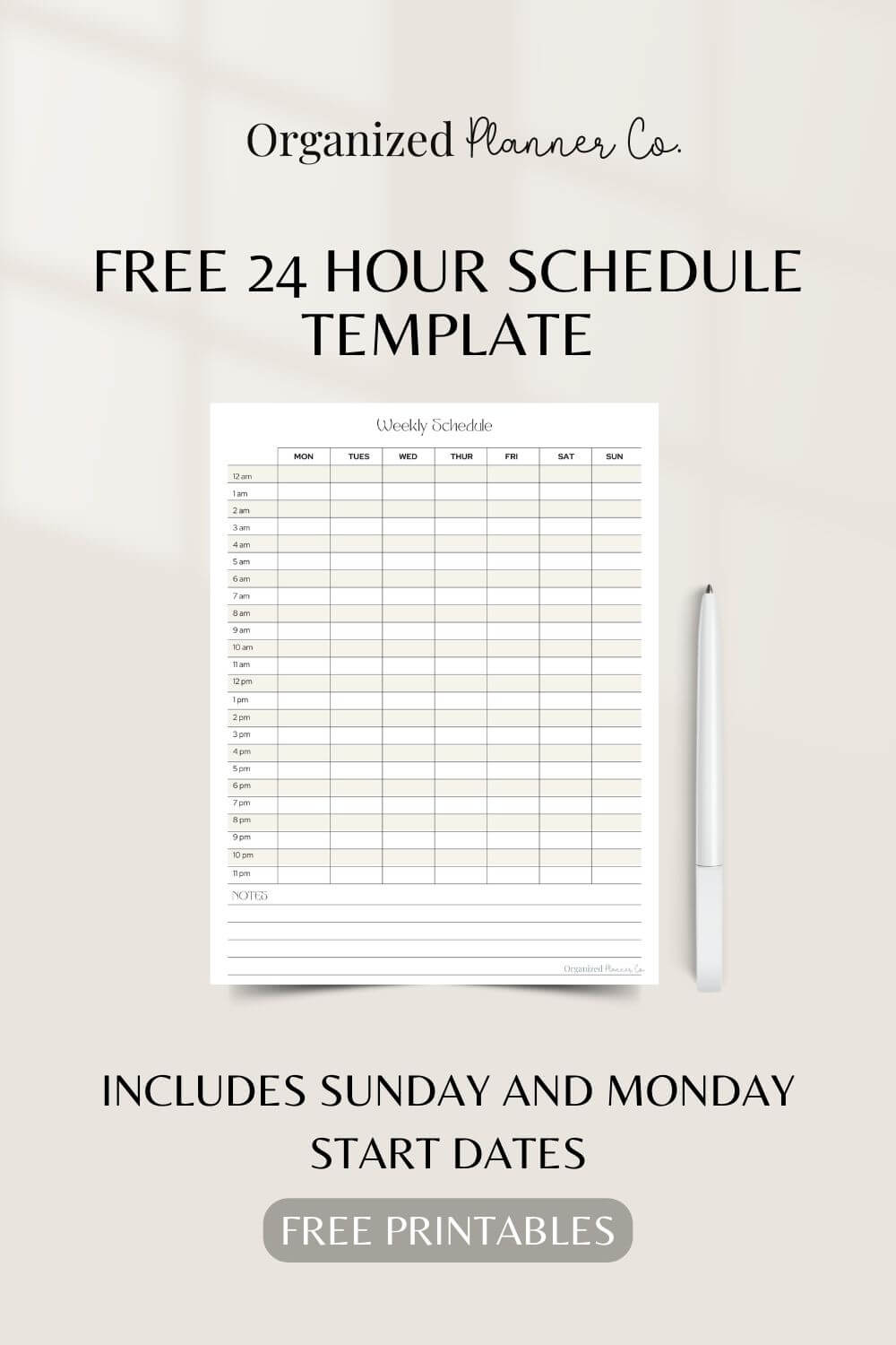 Free Printable 24 Hour Schedule - organizedplannerco.com