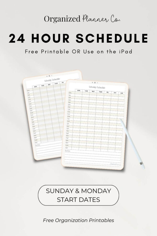 Free Printable 24 Hour Schedule - organizedplannerco.com