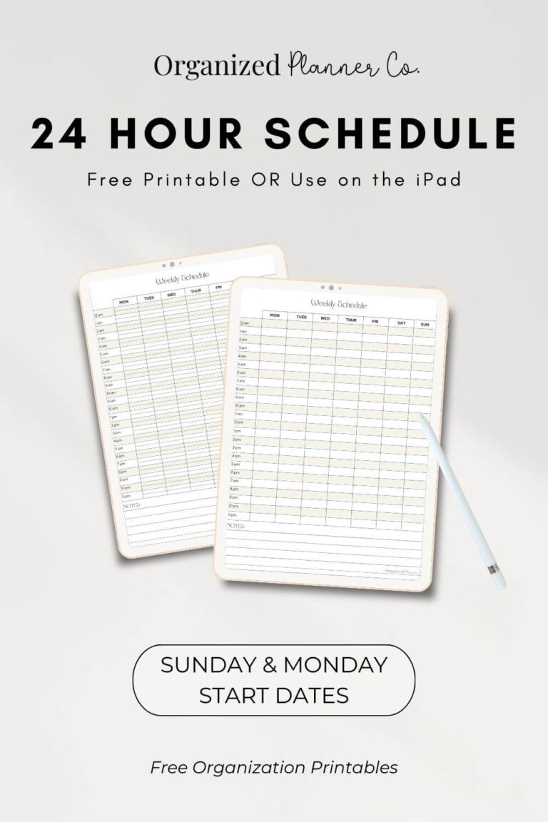 Free Printable 24 Hour Schedule - organizedplannerco.com